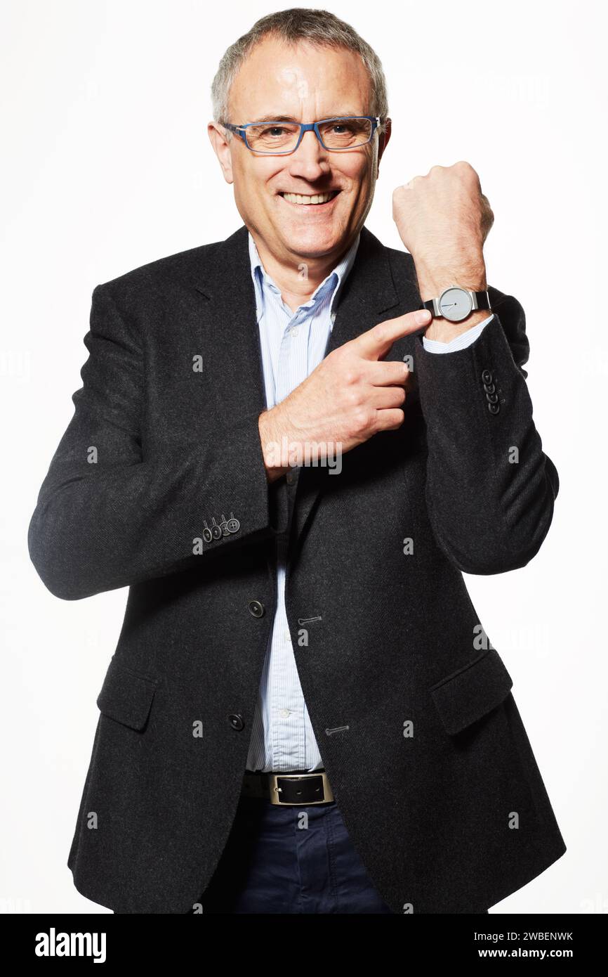 Senior, CEO with business man and watch, boss point with schedule and ...