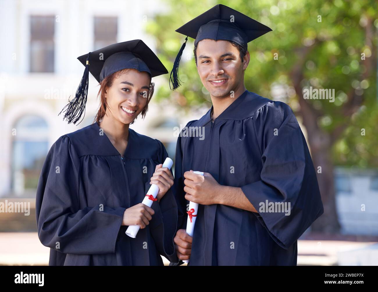 Graduation portrait, man and woman with certificate at university ...