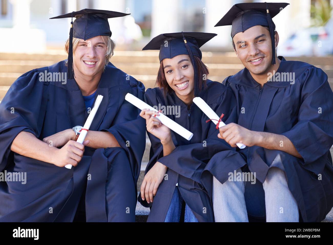 Graduation, portrait and students on steps with certificate at ...