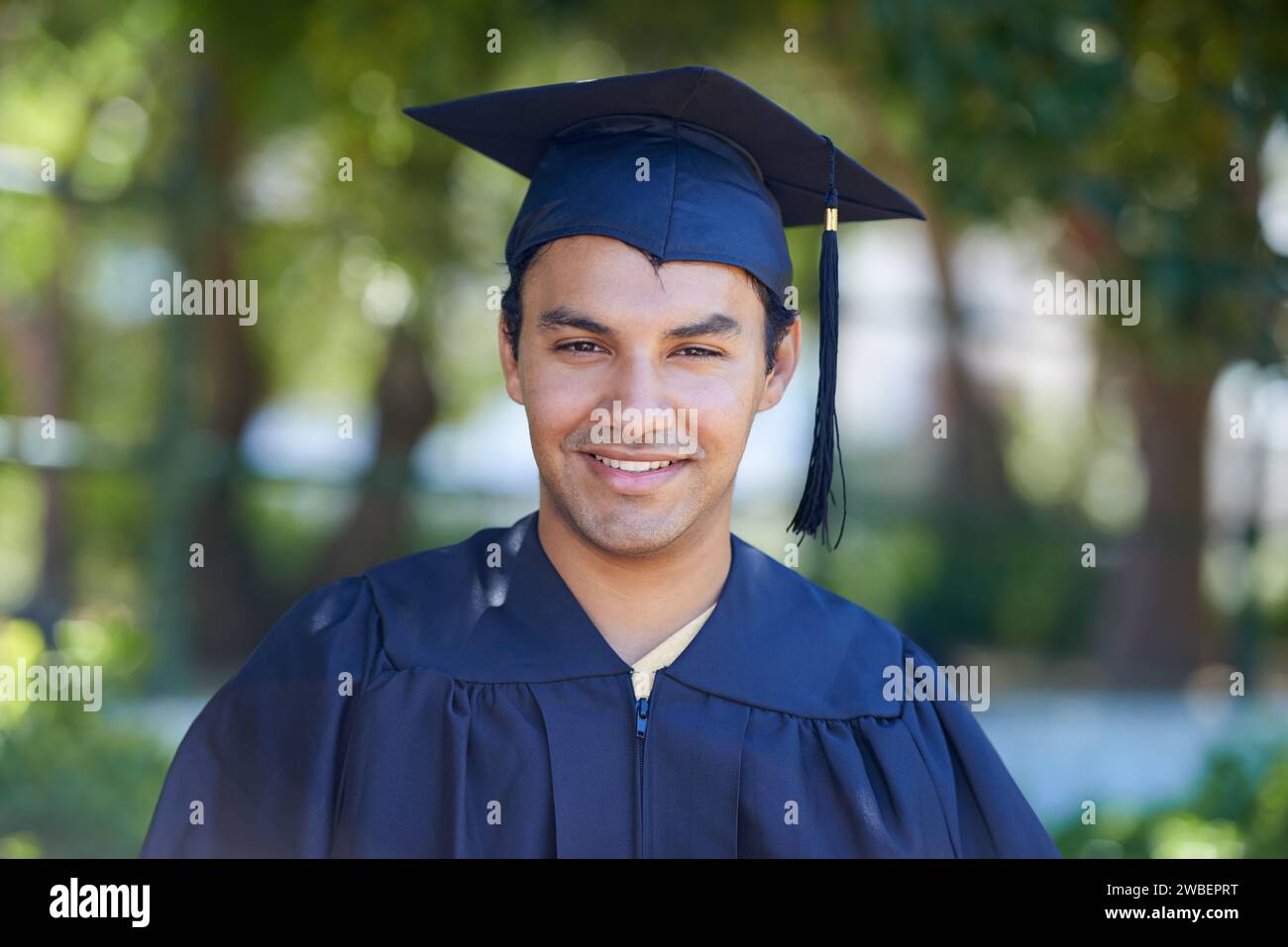 Graduation, portrait and man with smile to celebrate success, education ...
