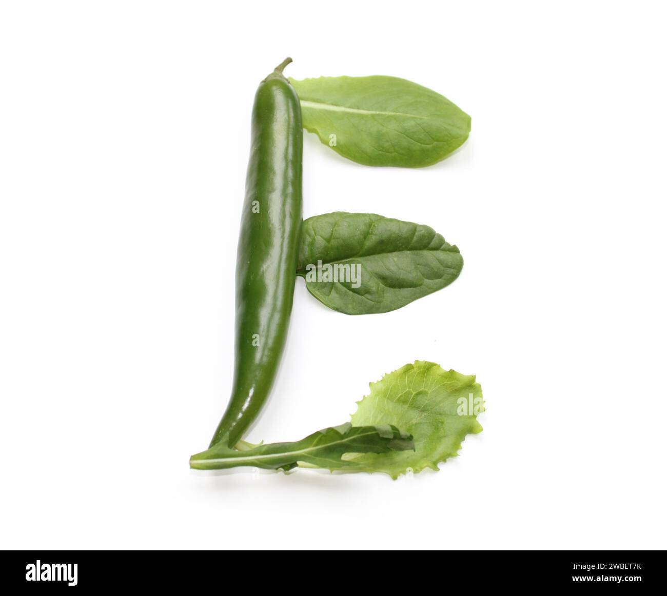 Letter E made from green salad and chili peppers alphabetic ABC capital ...