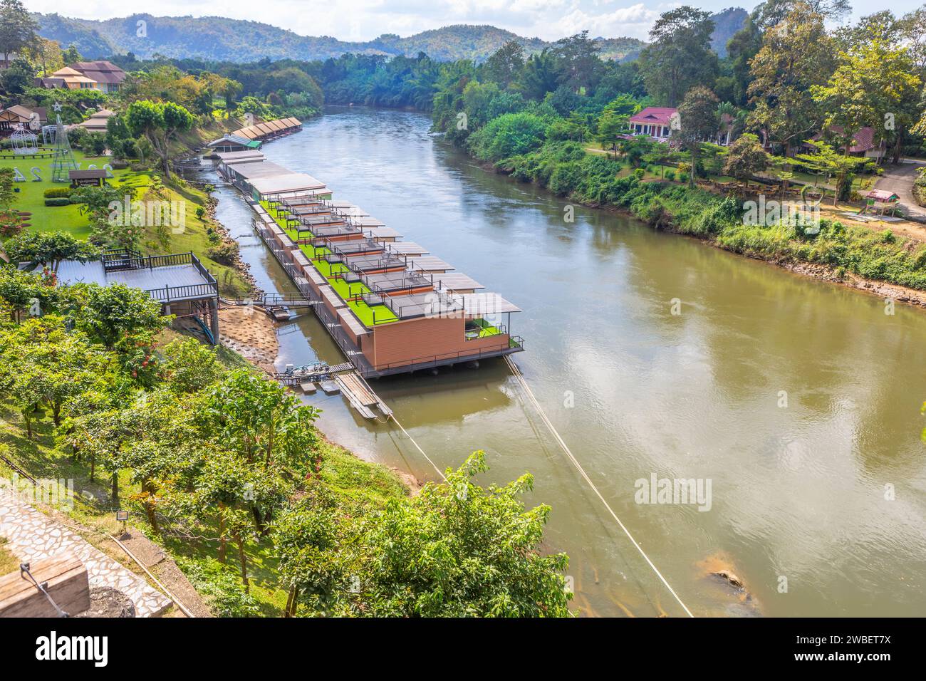 A floating hotel on the River Kwai at Lum Sum, Kanchanaburi, Thailand ...