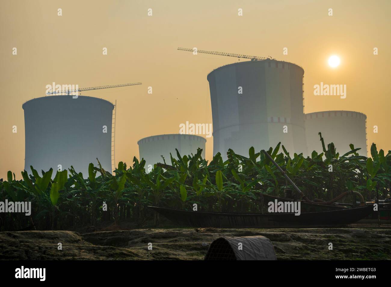 Cooling towers of the Ruppur Nuclear power Plant, Bangladesh. View from ...