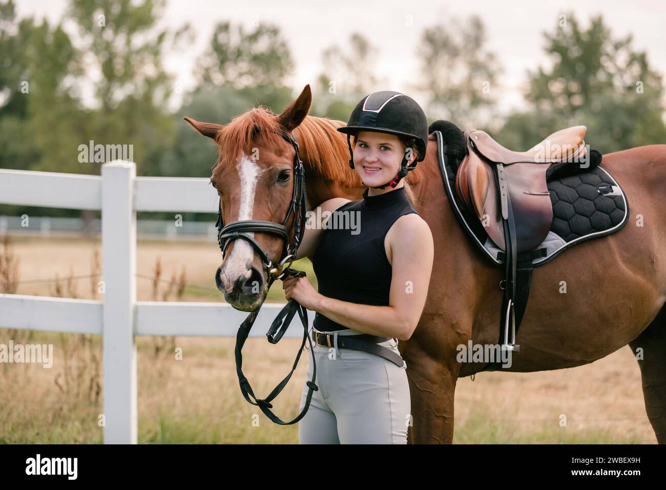 Female rider in equestrian clothes holding the reins and leading her ...