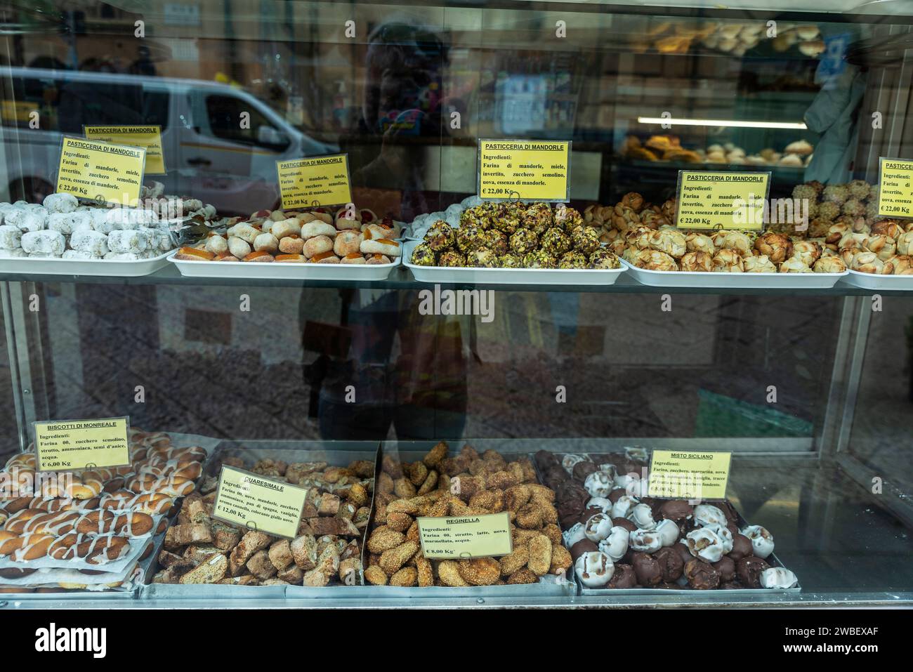 Assortment of traditional almond Sicilian candies in the display of a ...