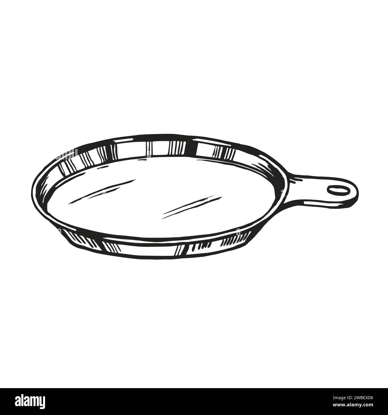 hand drawn vector illustration of pan, ink sketch of iron frying pan ...