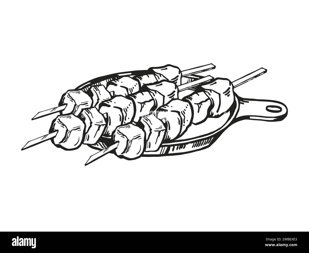 Vector hand drawn grilled kebab, ink food illustration with three ...