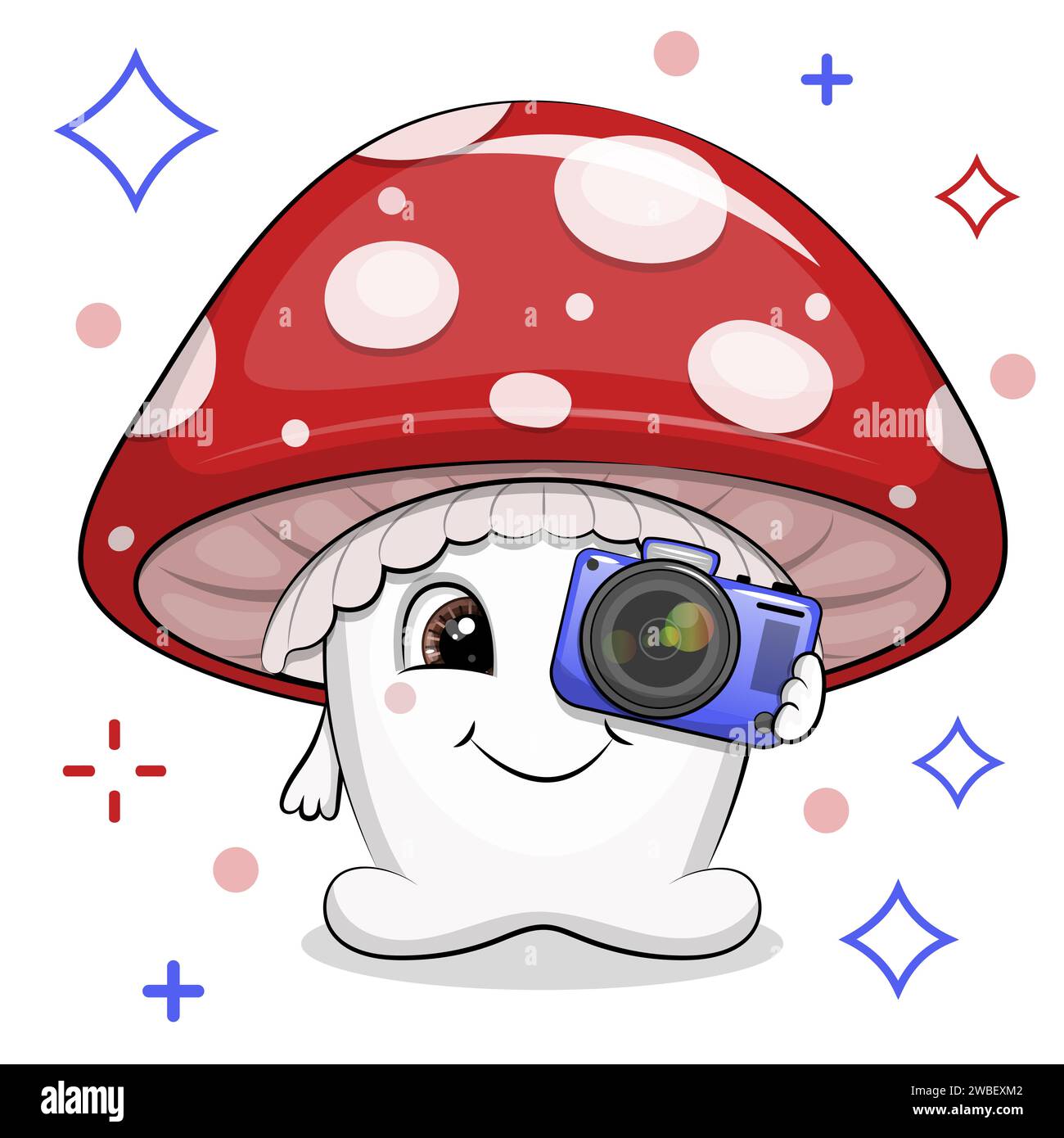 Cute cartoon red mushroom with a green camera. Vector illustration on ...