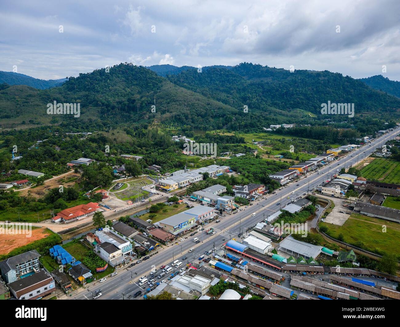 Aerial view of the tourist town of Bang Niang in the Khao Lak area of ...