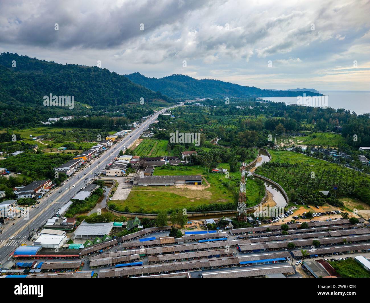 Aerial view of the tourist resort town of Bang Niang and Nangthong in ...