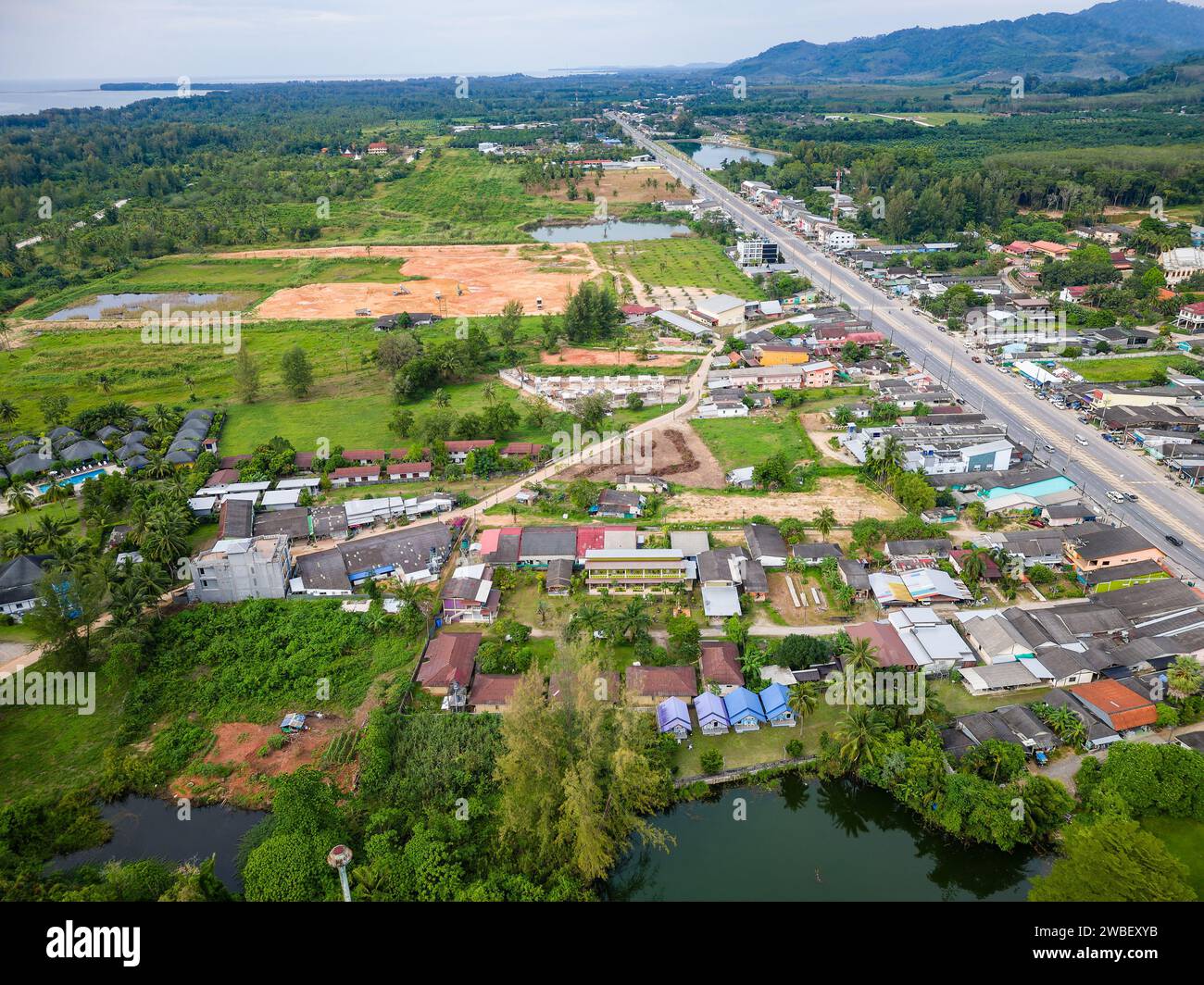 Aerial view of the tourist resort town of Bang Niang and Nangthong in ...