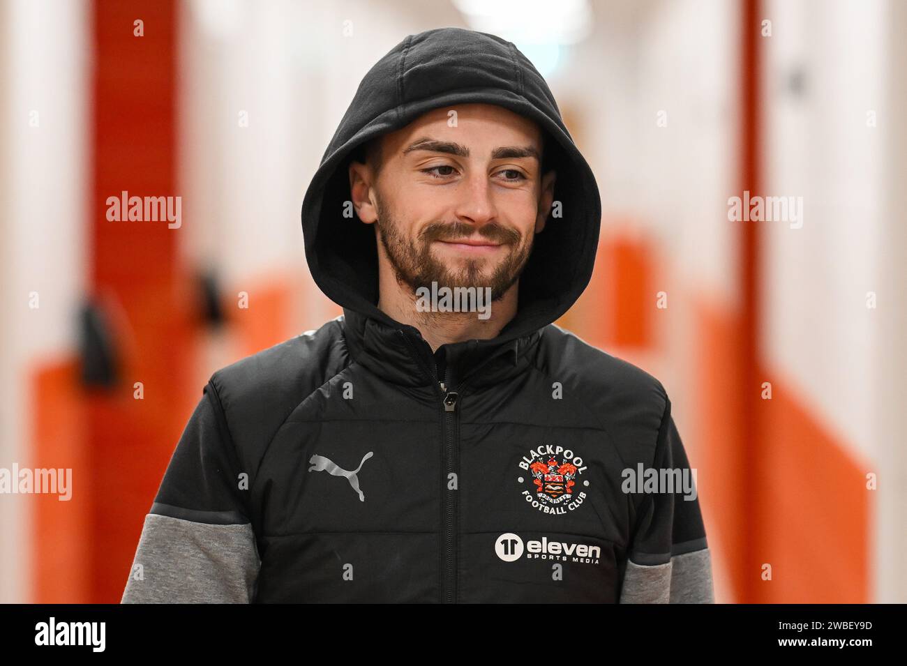 Owen Dale of Blackpool arrives ahead of the Bristol Street Motors ...