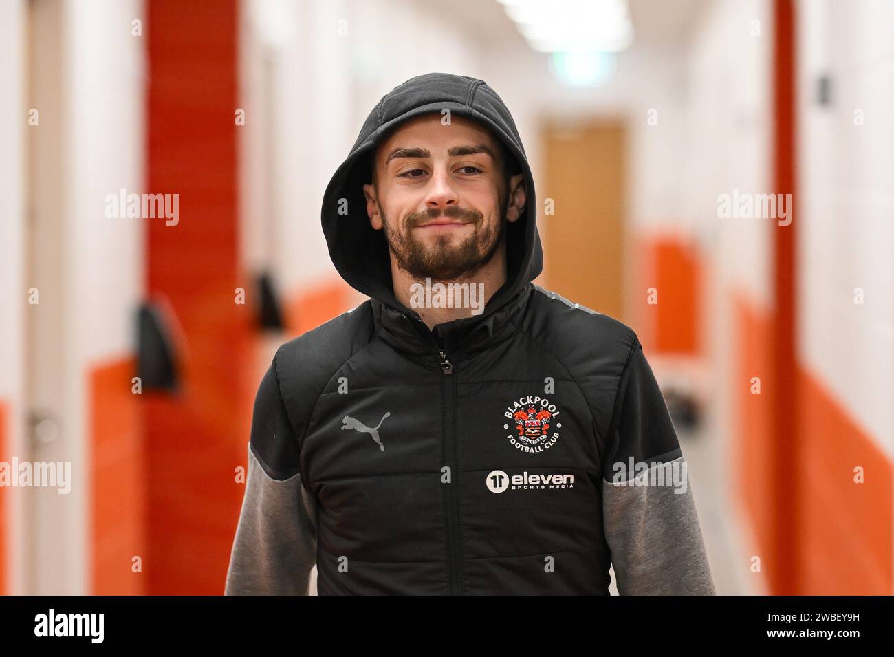 Owen Dale of Blackpool arrives ahead of the Bristol Street Motors ...