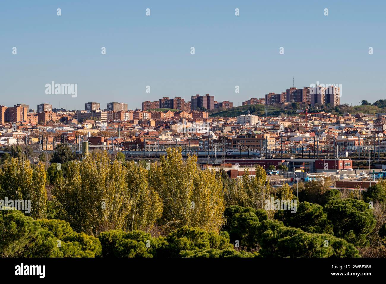 Elevated view of the urban landscape with railway tracks in the south ...