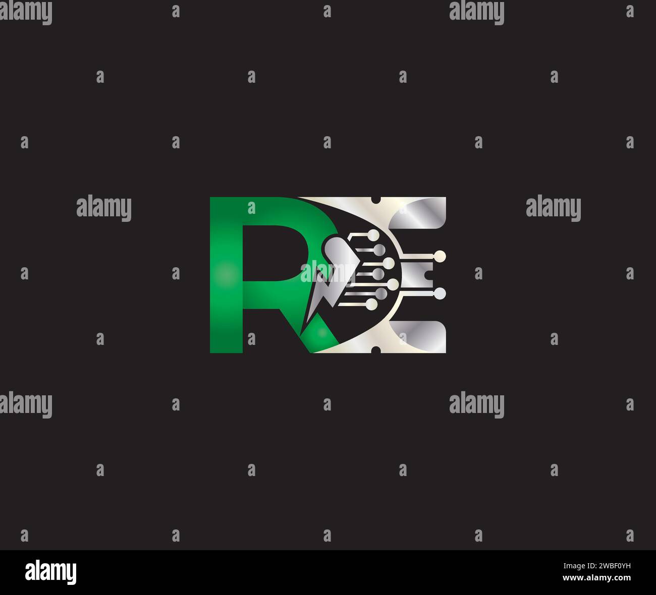 RE letter Logo Design Green or Silver Color Creative Technology ...