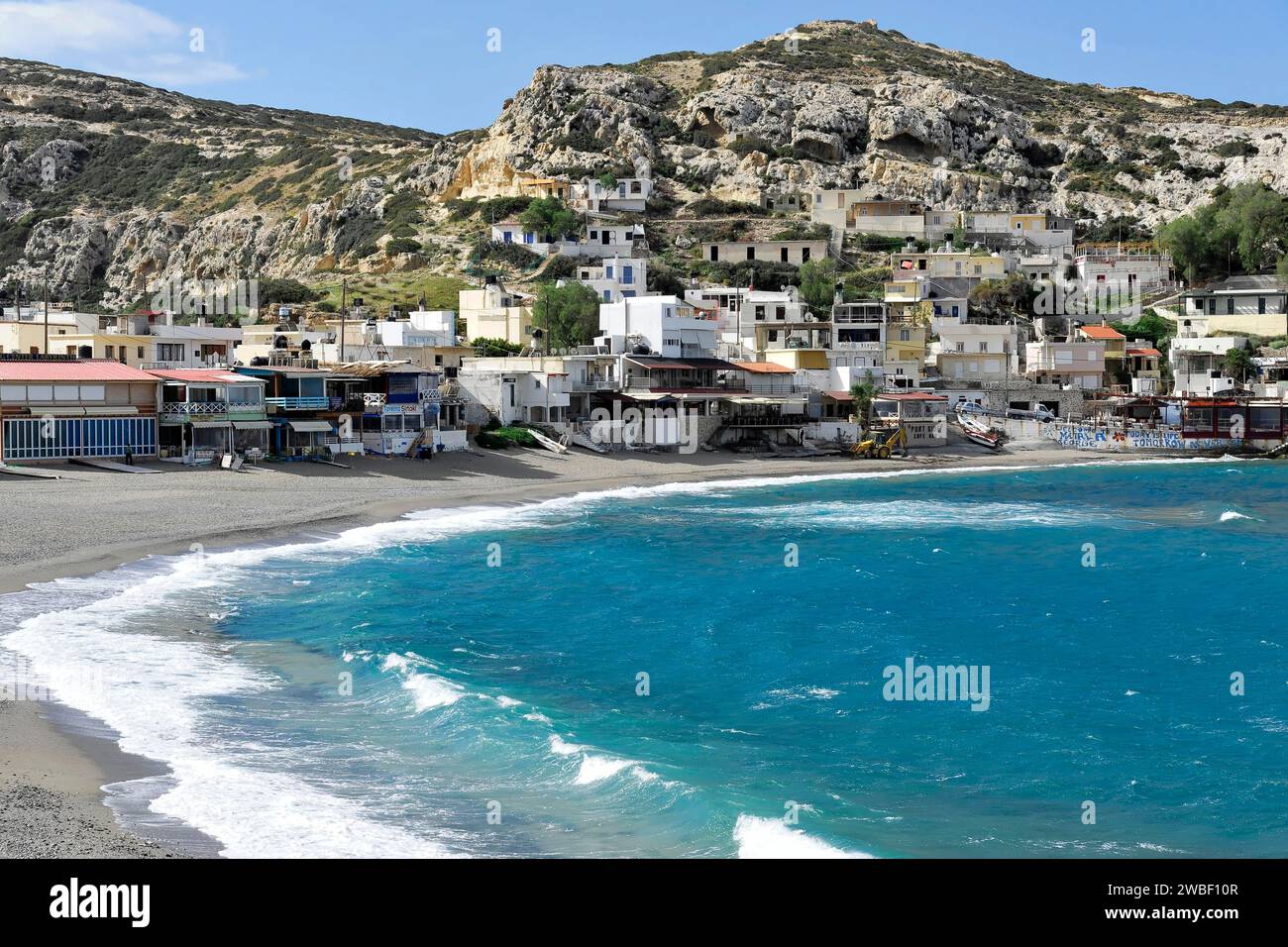 The bay of Matala, island, sea, village, summer, blue sky, beach ...