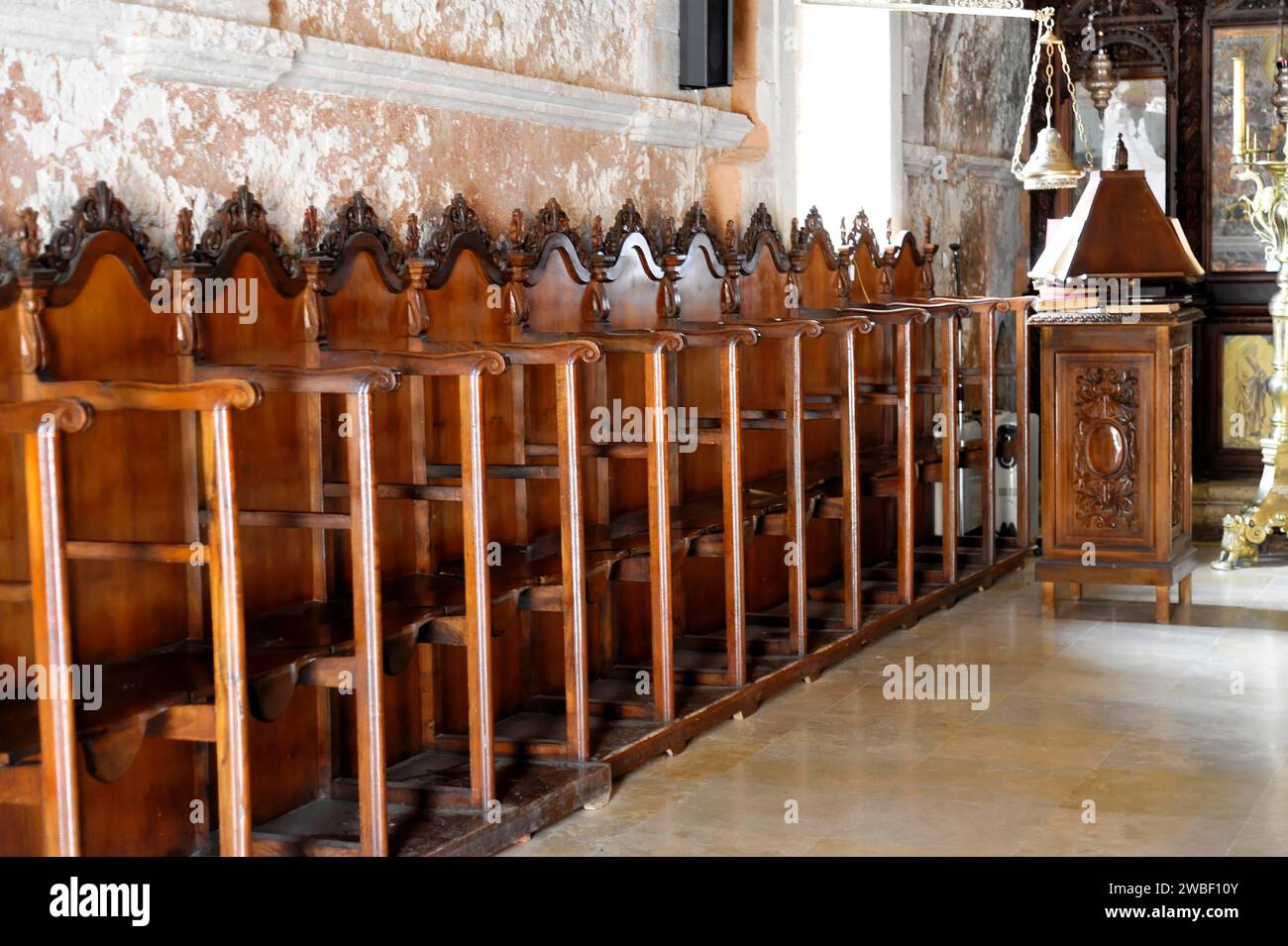 Interior row of chairs, monastery church, Arkadi Monastery, Moni Arkadi ...