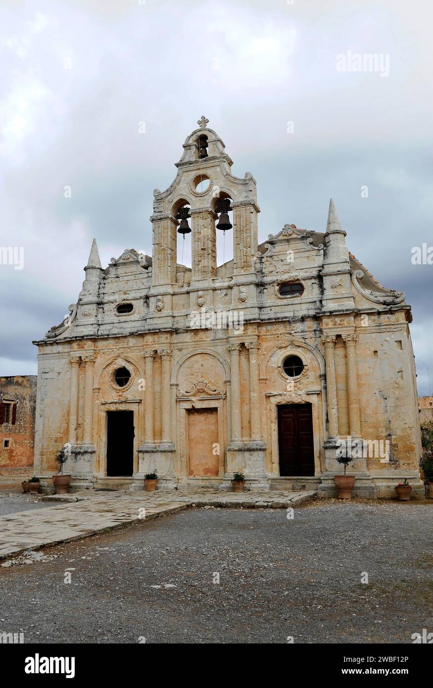 Path, corridor to the monks' cells, monastery church, Arkadi Monastery ...