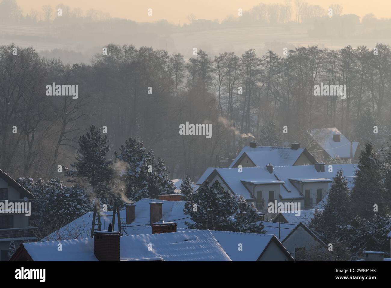 Krakow, Poland, 10 January 2024. Air pollution haze and the chimneys ...