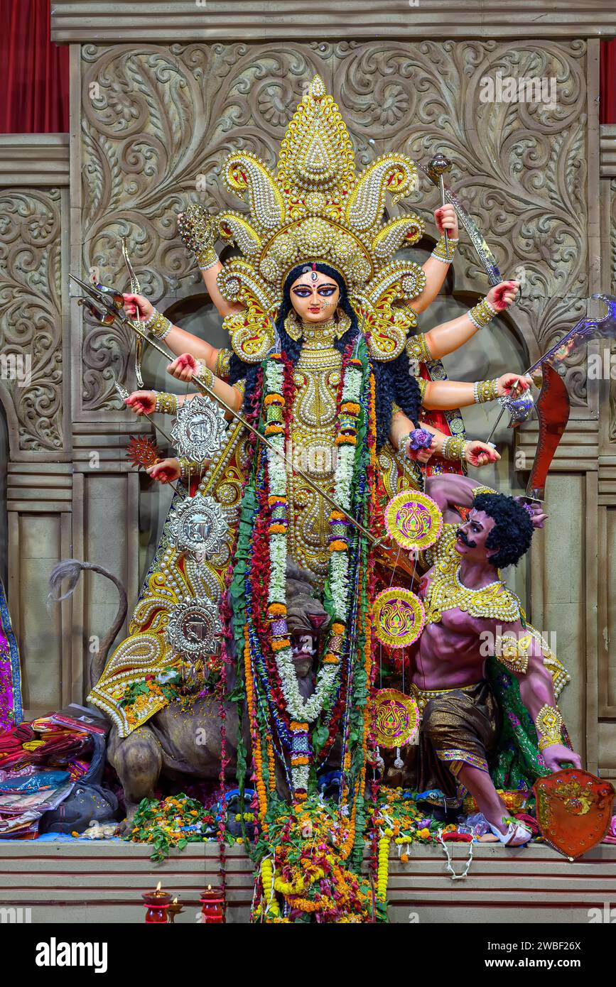 Idol of Goddess Devi Durga at a decorated puja pandal in Kolkata, West ...