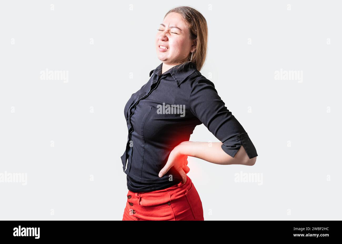 People with spine problems isolated. Suffering girl with back pain ...