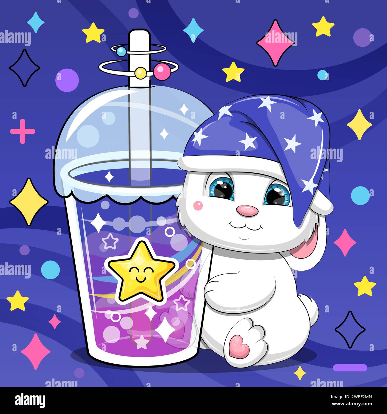 A cute cartoon white rabbit in a nightcap is holding a big drink. Night ...