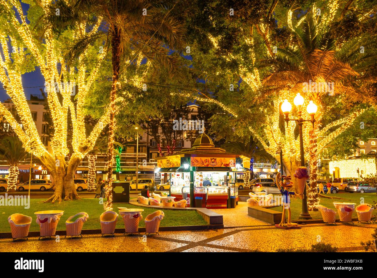 Madeira Funchal Madeira Promenade Street cafe and Trees decorated with ...