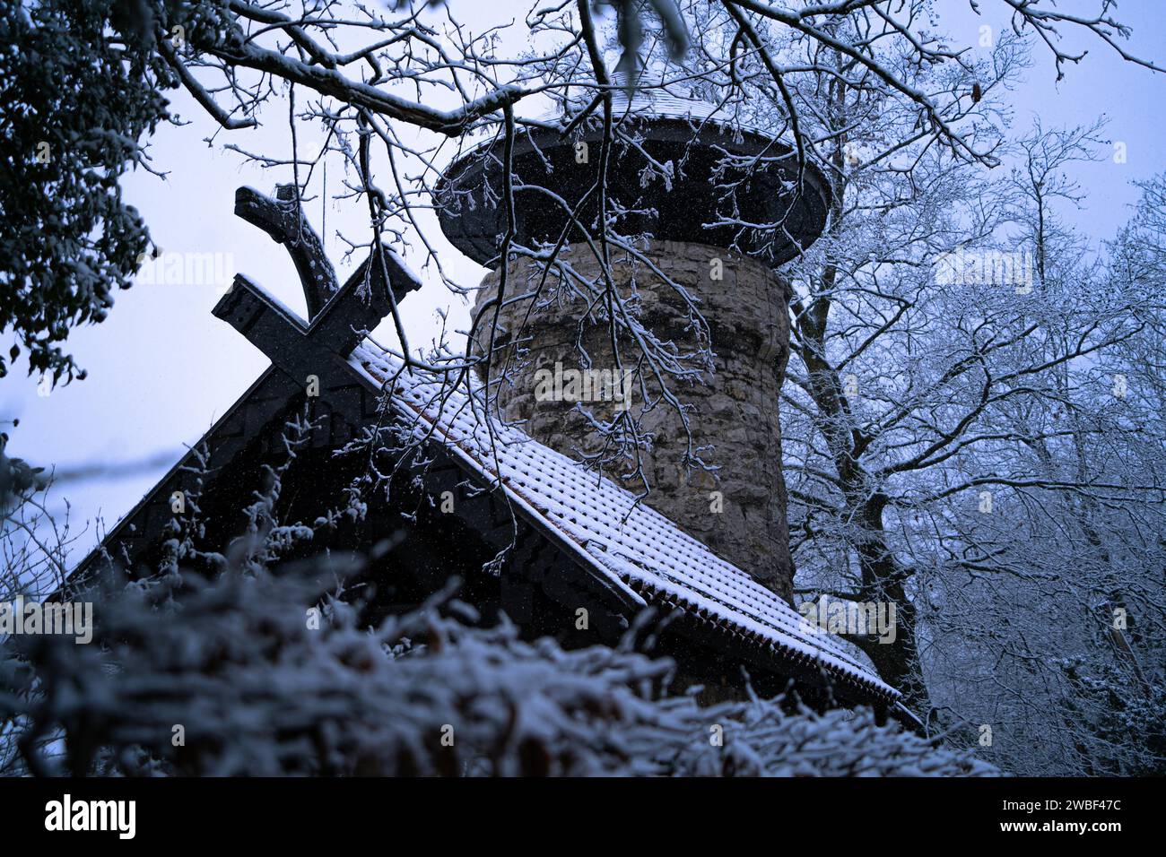 Snow-covered tree house surrounded by trees in a wintry atmosphere ...