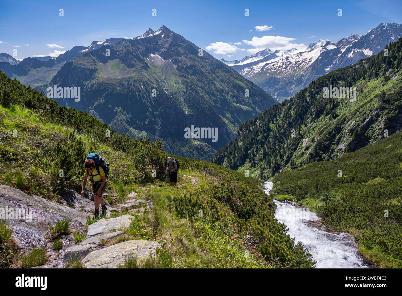 Two mountaineers on a hiking trail by a stream, Berliner Hoehenweg, summit Grosser Ingent and ...