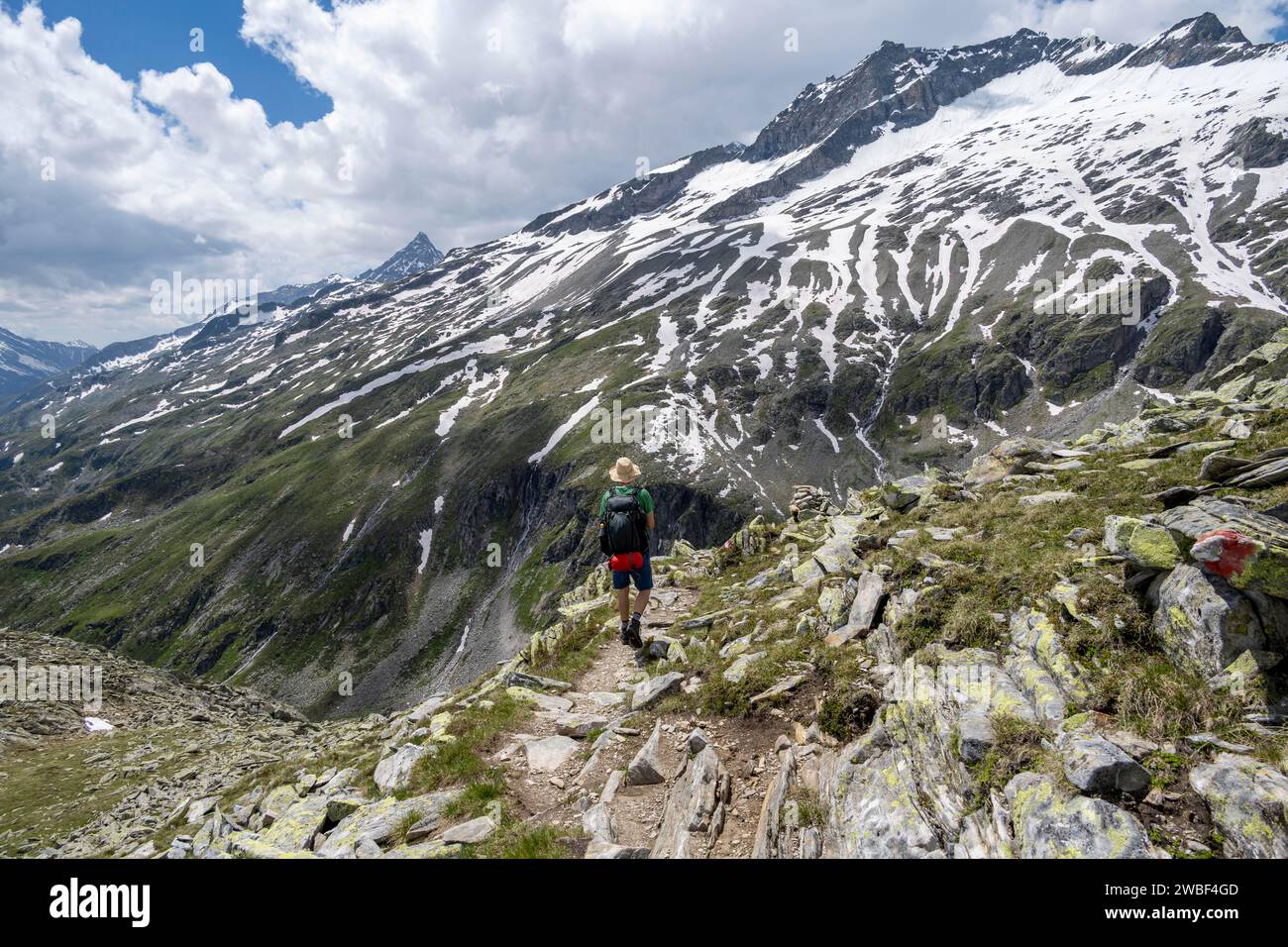 Mountaineer on rocky hiking trail, Berliner Hoehenweg, mountain landscape with snow-covered peak ...