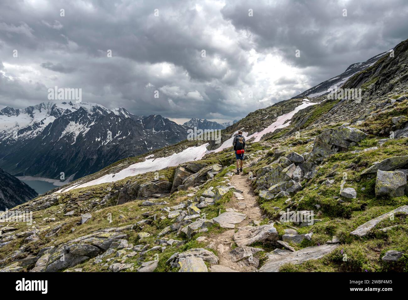 Mountaineer on hiking trail, Berliner Hoehenweg, mountain landscape with glaciated peaks ...
