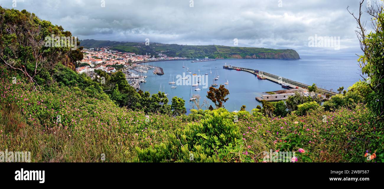 Panoramic view from Monte da Guia to a coastal town Horta with harbour ...