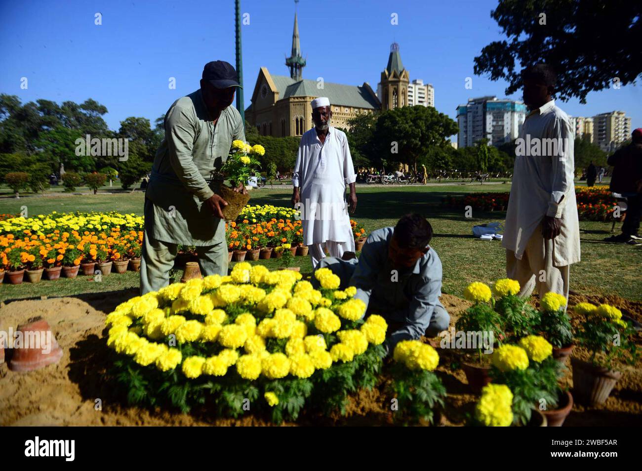 Gardeners takes care and arranging seasonal flowers and plants for the ...