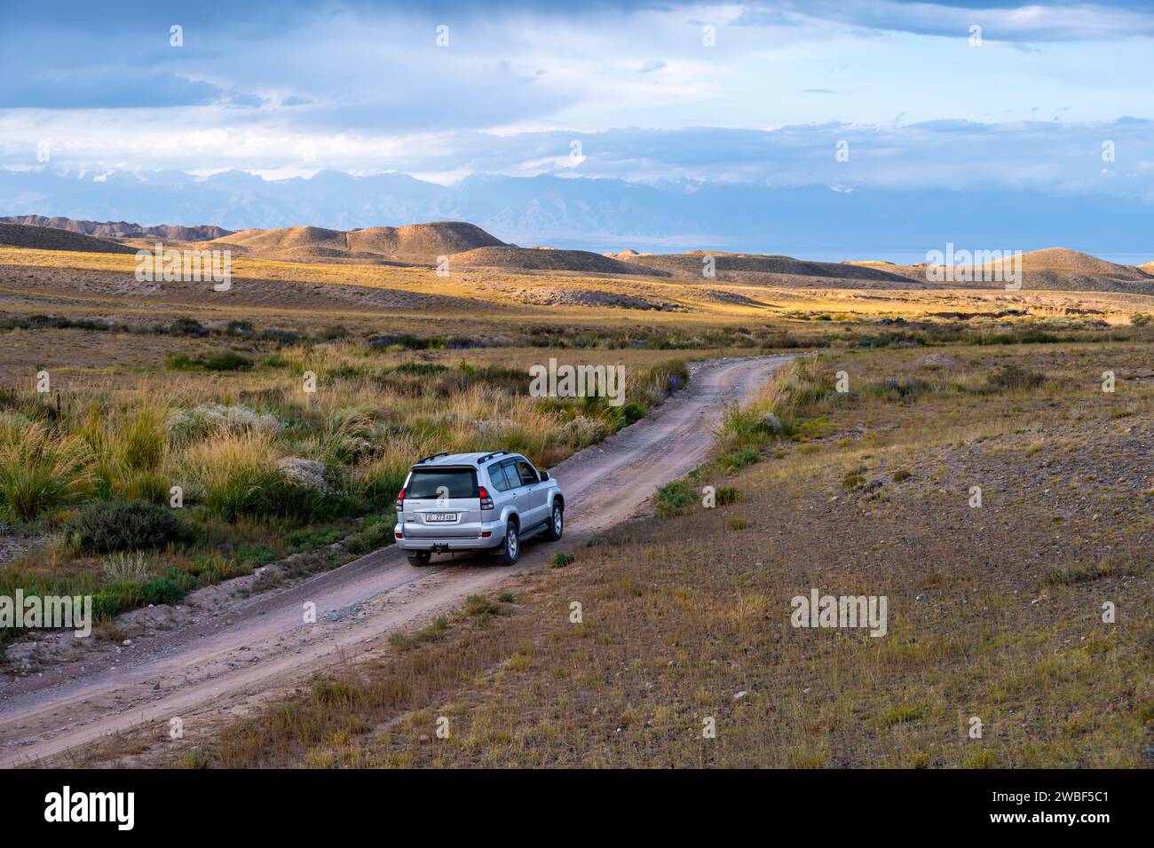 An SUV drives along a gravel track through an open steppe landscape ...