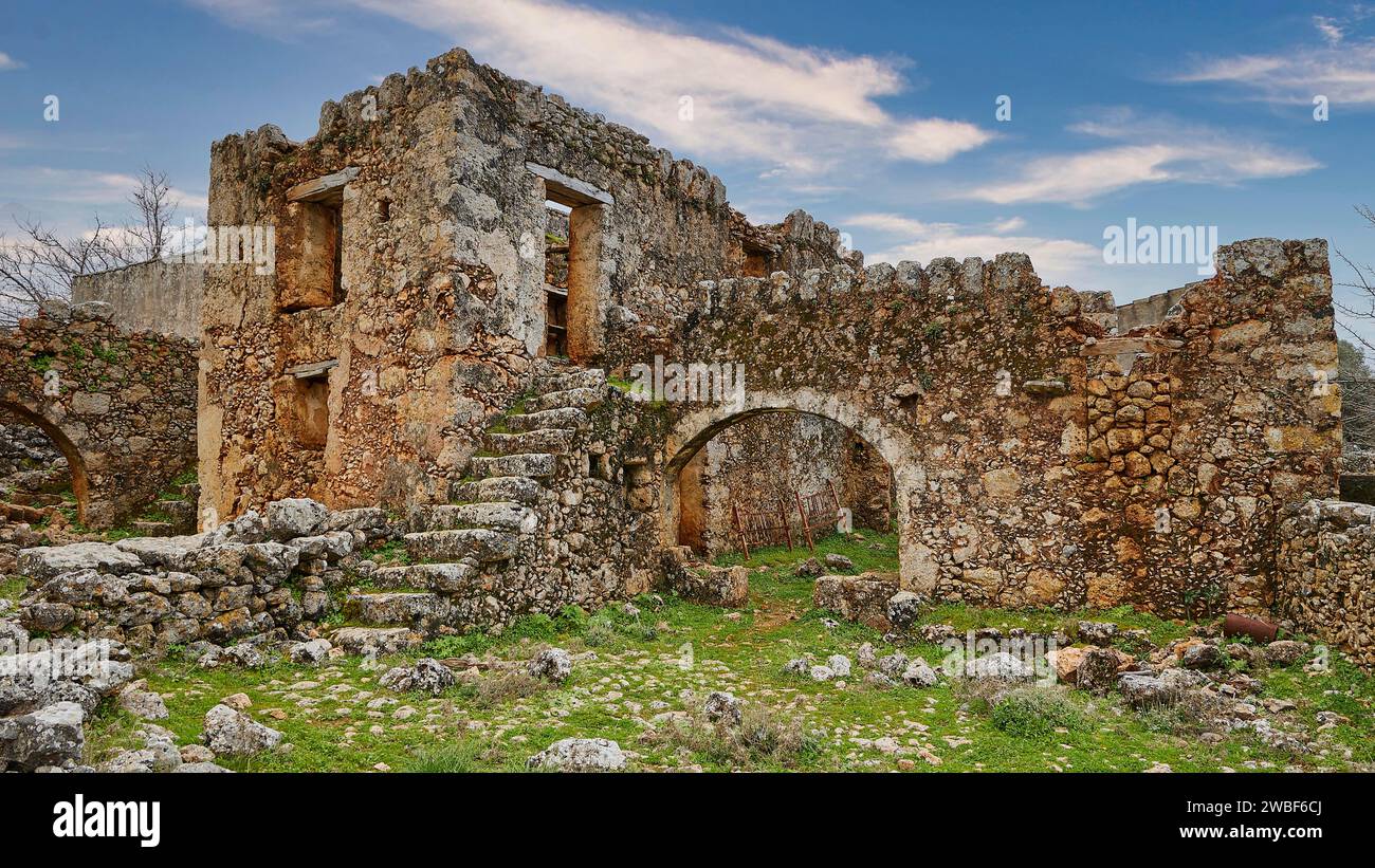 Dilapidated structure of ancient ruins under a sky with clouds, sky ...