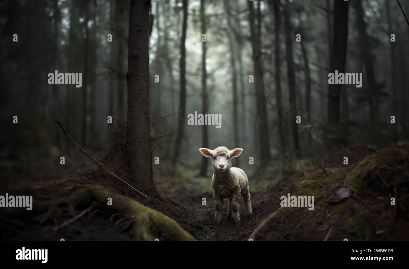 Lost little lamb in the forest at night. Lamb of God. Little lamb ...