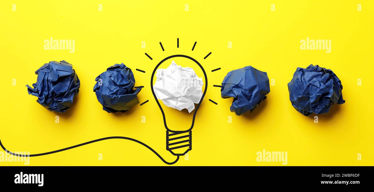 Idea. Illustration of light bulb around crumpled paper ball on yellow ...