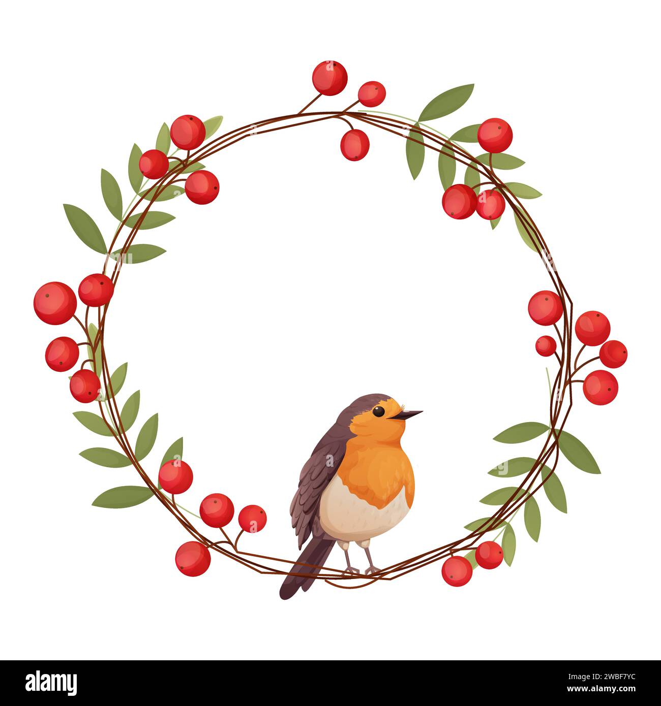 Robin bird with wreath cute little bird character on branch in cartoon ...