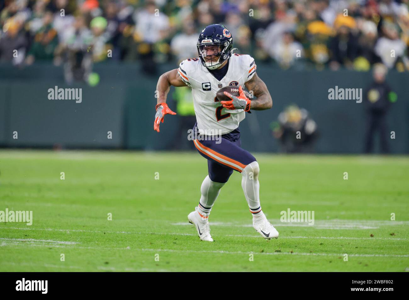 Chicago Bears wide receiver DJ Moore (2) runs after making a catch during an NFL football game ...