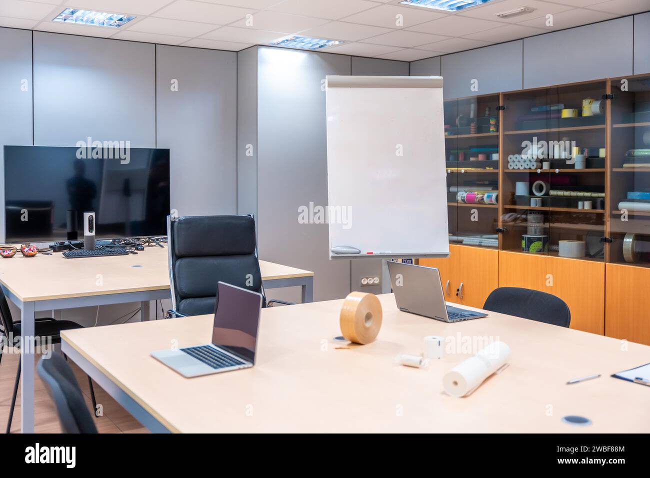 Empty offices of a logistics and machinery construction factory without ...