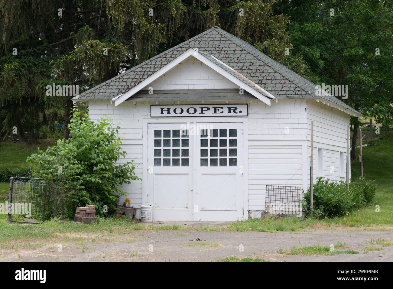 Hooper, WA, USA - May 22, 2023; Sign on small building in ...