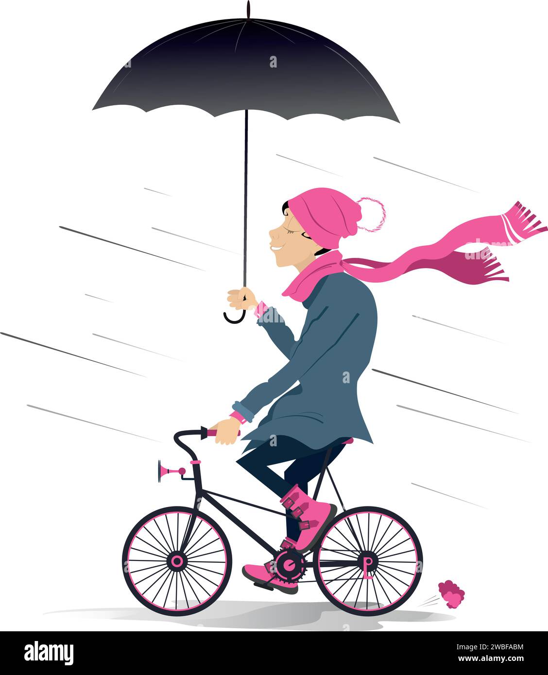 Rainy and windy day and woman rides a bike. Young woman with an ...