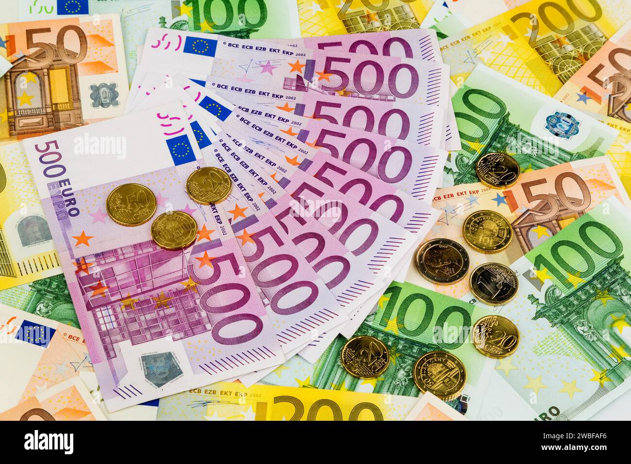 Many different euro banknotes. Symbolic photo for wealth and investment ...