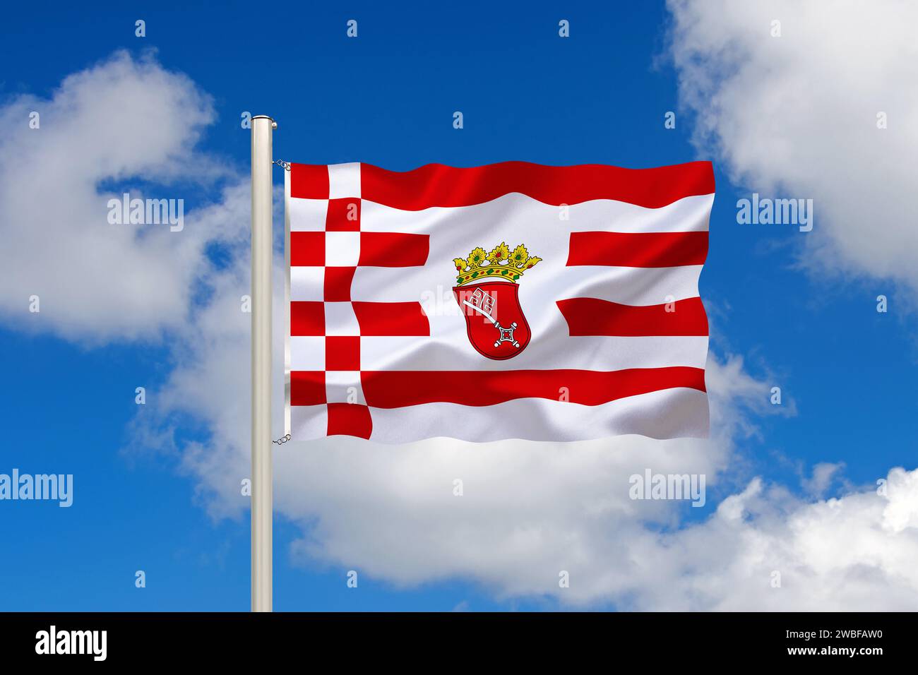 The flag of Bremen, official flag with coat of arms Bremen key, studio ...