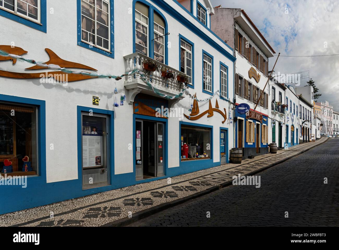 Street view with traditional with the famous Cafe Sport, blue decorated ...