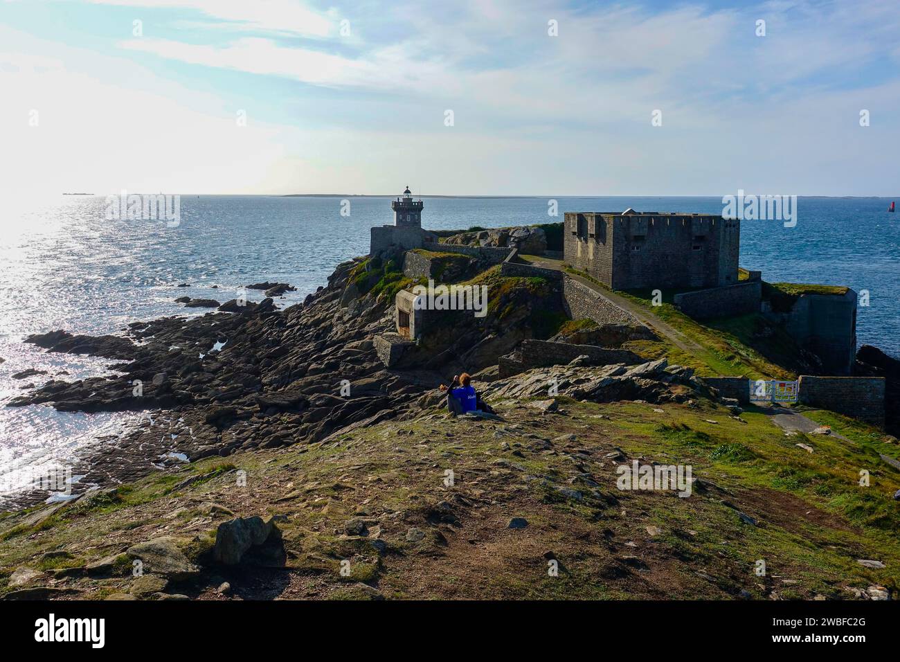 Peninsula Kermorvan with lighthouse and fort, behind the island ...