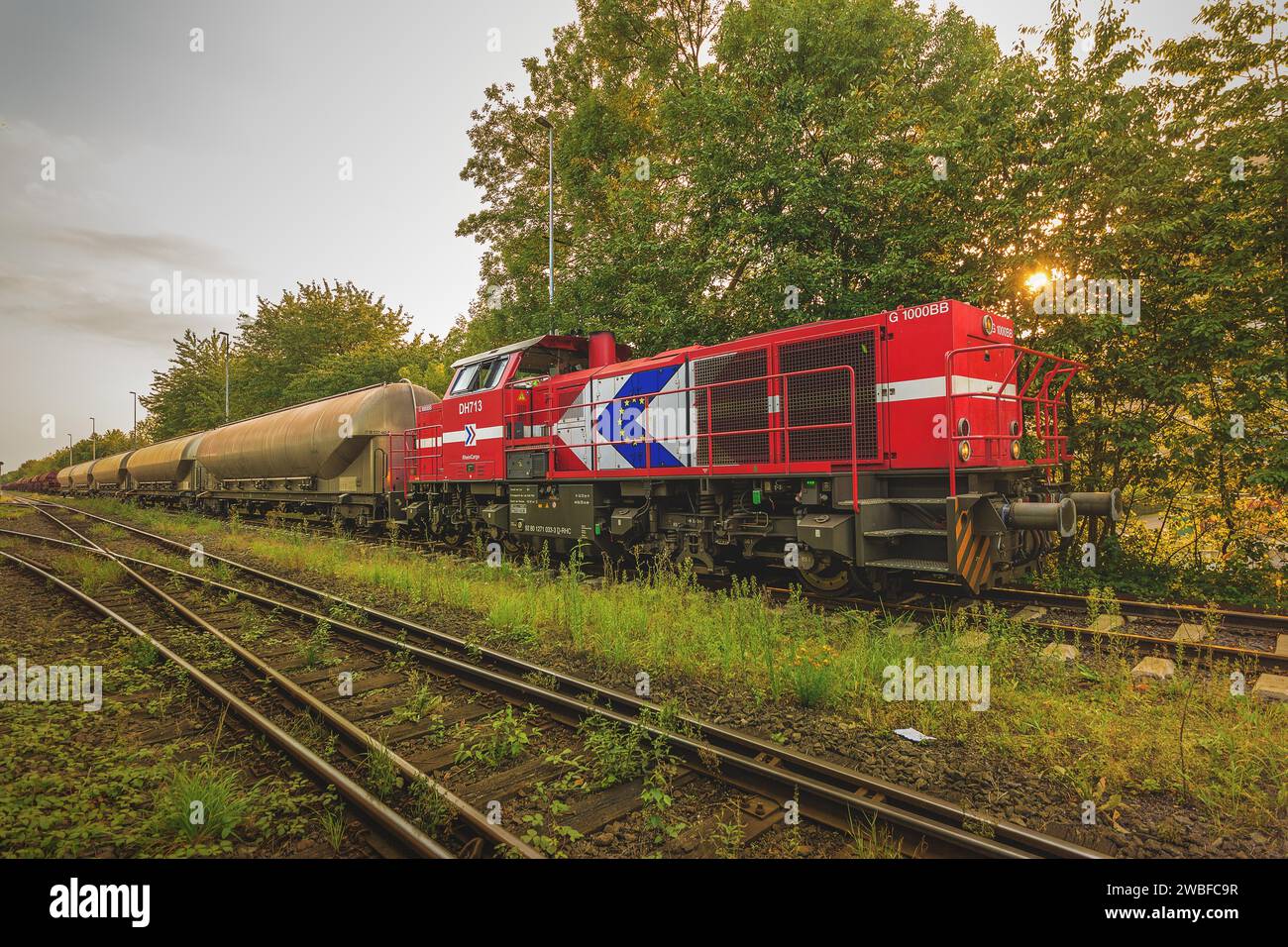 Locomotive pulling freight wagon on tracks at dusk, Lower Rhine, North ...