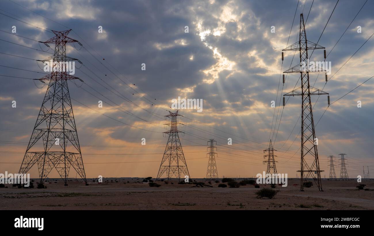 Qatar landscape Electricity transmission towers. Energy infrastructure ...