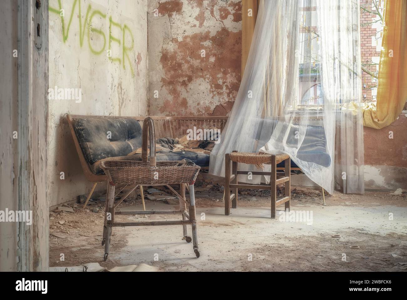 An abandoned living room with torn furniture and dust, flooded with ...