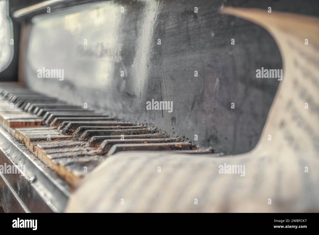 An old, dust-covered piano with worn black and white keys, urologist's ...